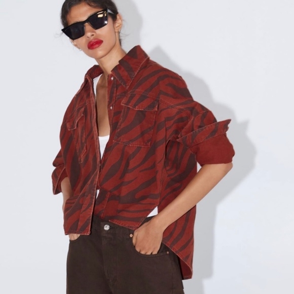 Zara | Jackets & Coats | Nwt Zara Red Black Zebra Print Denim Oversized ...
